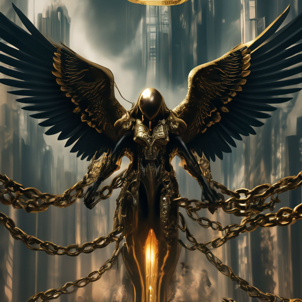 "Fallen angels with their wings bound with golden giant chains ...