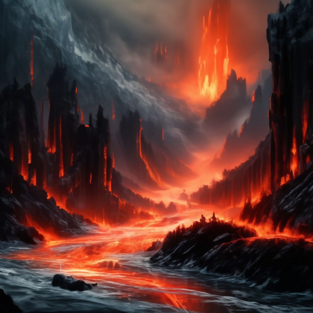 "Inferno River of fire among the ice giants" — image created in Shedevrum
