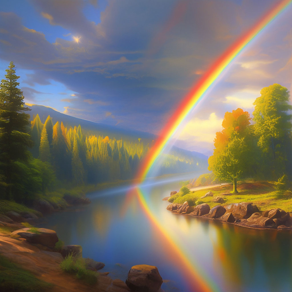 "Bright rainbow, across the river, beautiful, original, realistic ...