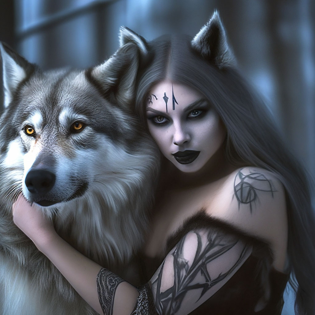 "Metamorphosis of a wolf-werewolf girl, glowing eyes,ash-colored hair ...