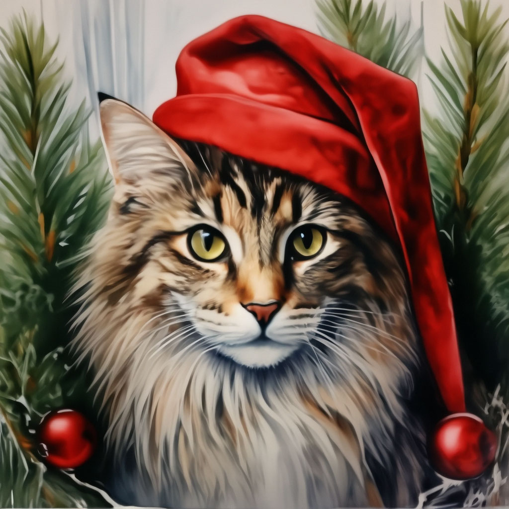 "©Helen Wolf Drawing of a cat in a New Year's hat on a piece of paper ...