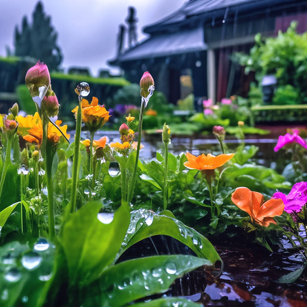 "Beautiful garden after the rain, bright greenery, flowers, summer rain ...