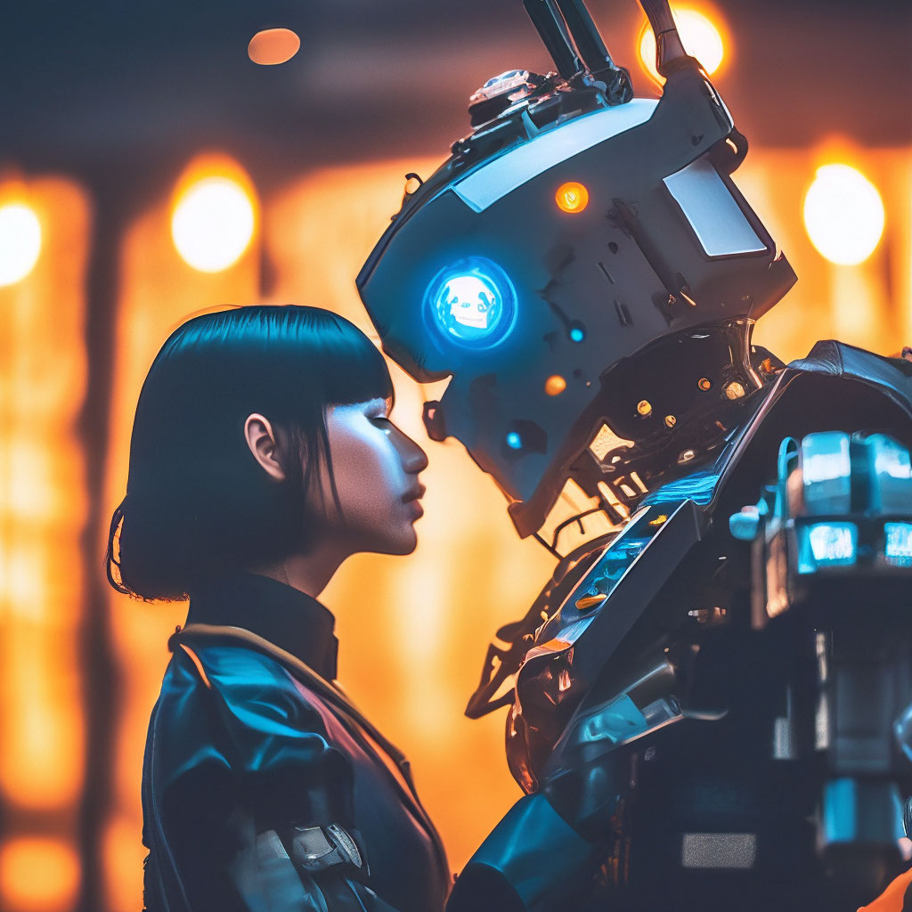 "Retrofuturism: analog photo (graininess, scratches, noir), robot ...