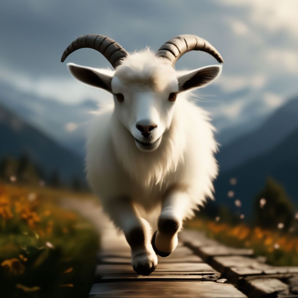 "There is a white fluffy goat staggering sighs on the move oh the board ...