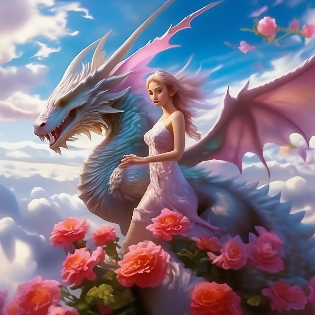"Hyperrealism, fairy, dragon, sky, flowers, magic" — image created in ...