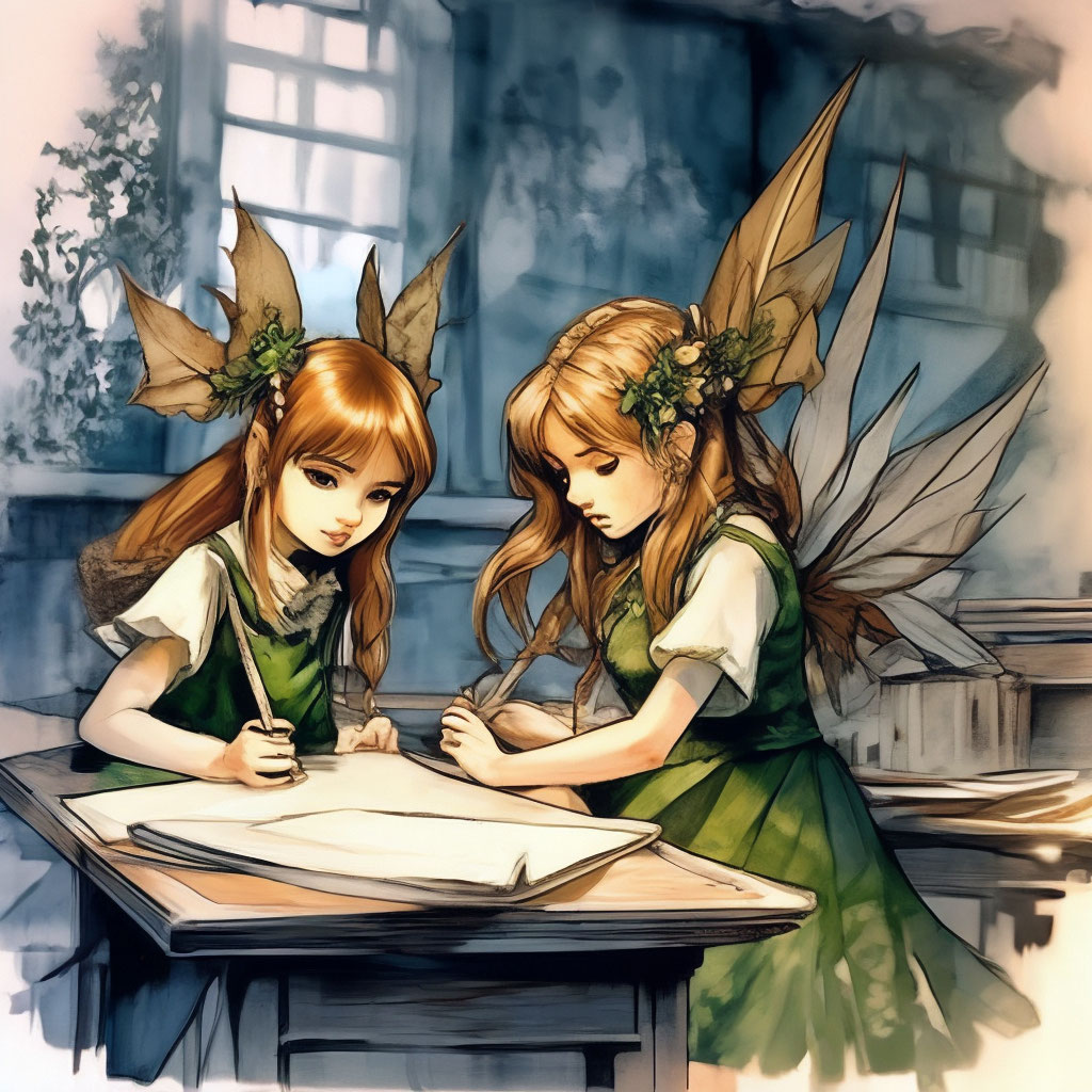 "Fairy school, 2 fairy girls sitting at their desks... fairytale town ...