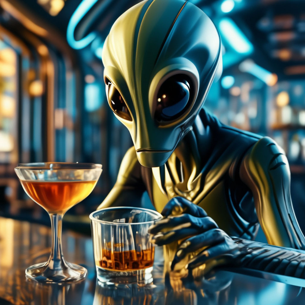 "An alien bar in a futuristic style, drunk sad, lonely alien eats a ...