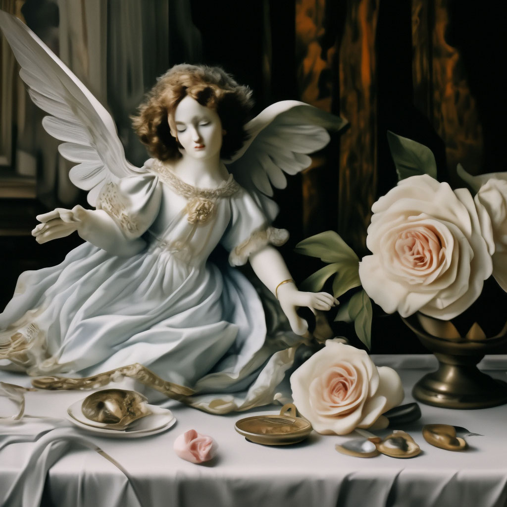 "Sketch, grotesque, watercolor painting. there is a small porcelain ...