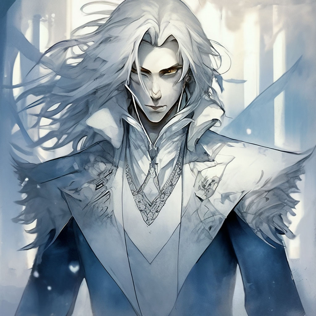 "Cold Morning , snow vampire man, half-turn pose, white doublet, silver ...