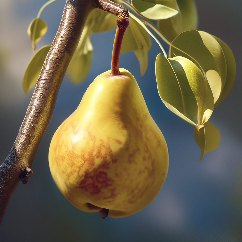 "32k, ripe pear hanging on a branch, patina on the pear skin, hyper ...