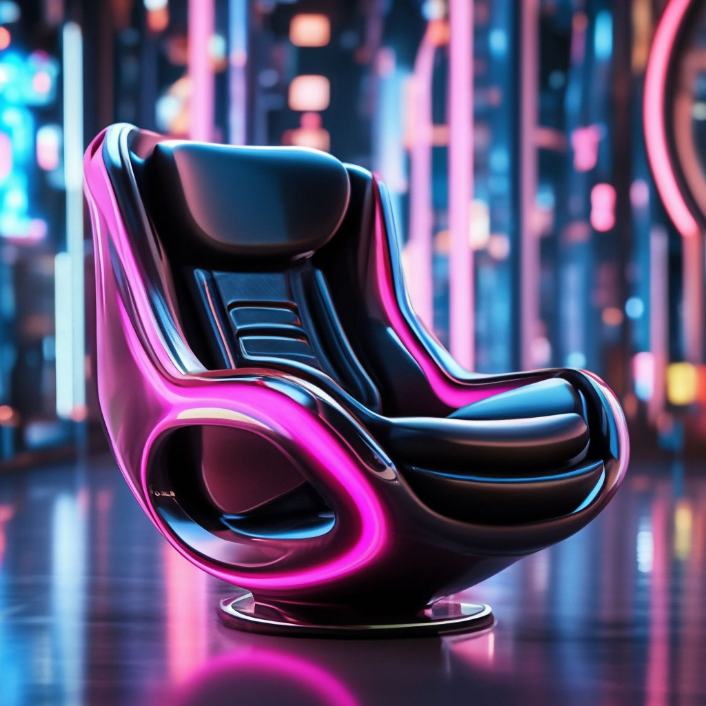 "Hyperrealism, futurism, flying comfort chair of complex shape, neon ...