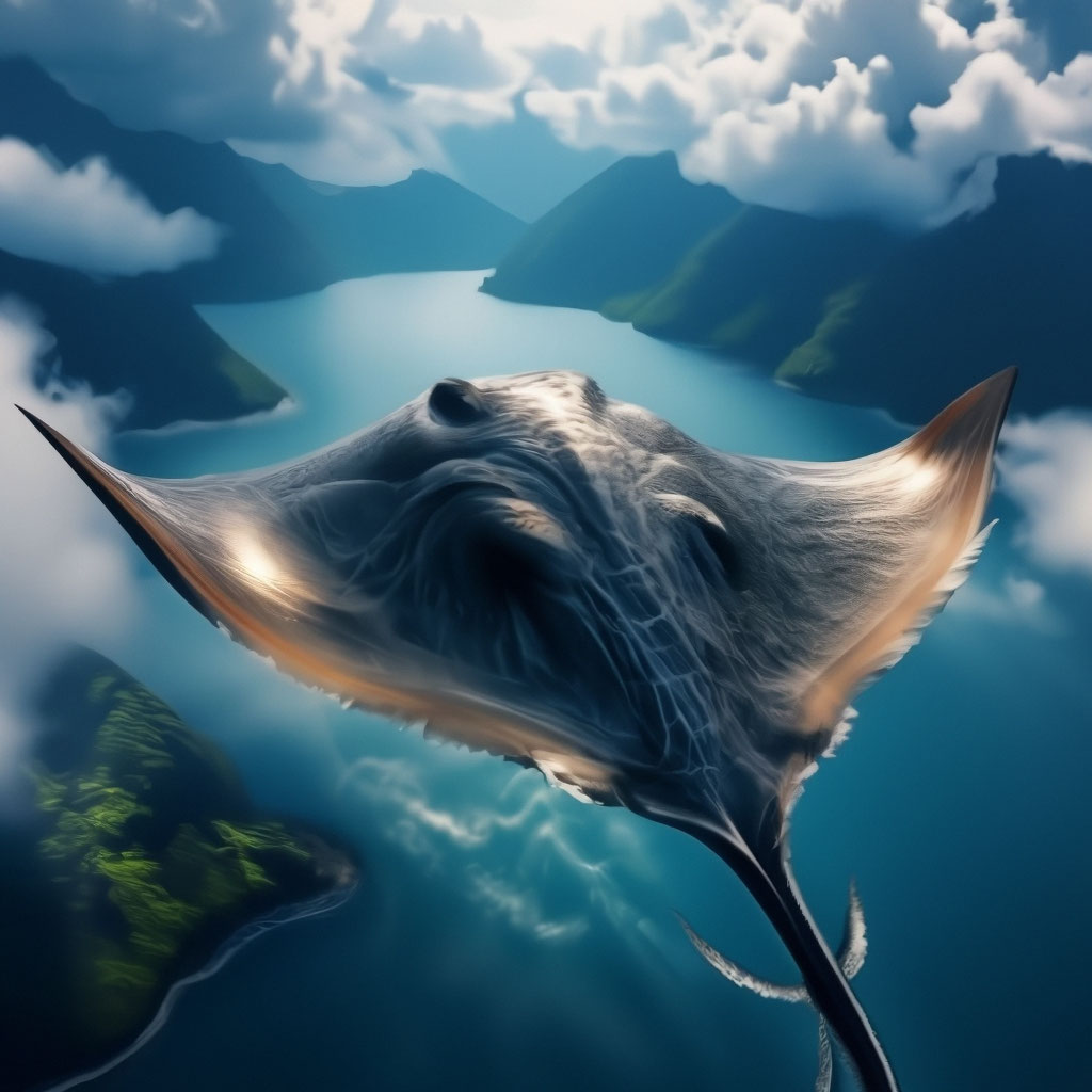 "Fantasy arbitrary landscape,ultra-realistic sea stingray soars in the ...