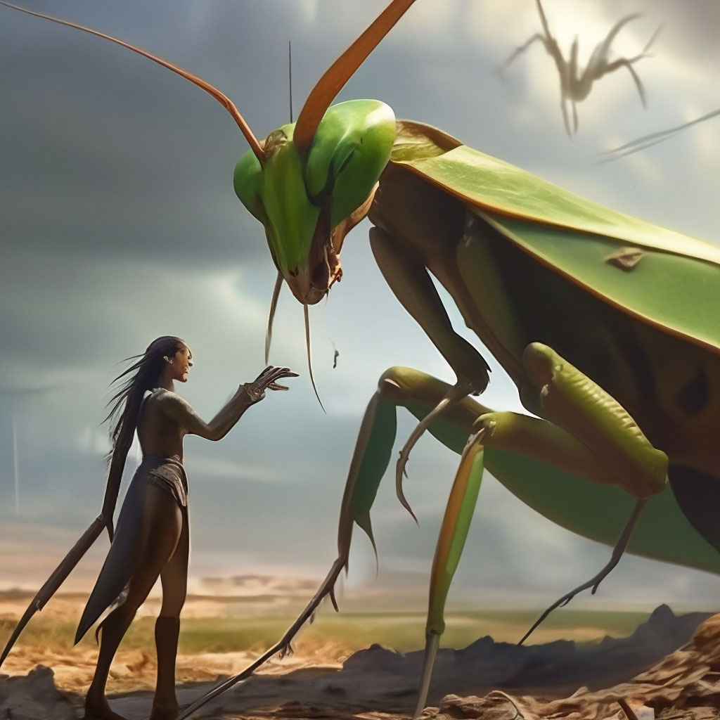 "A huge female praying mantis met a former surprise, fantasy style ...