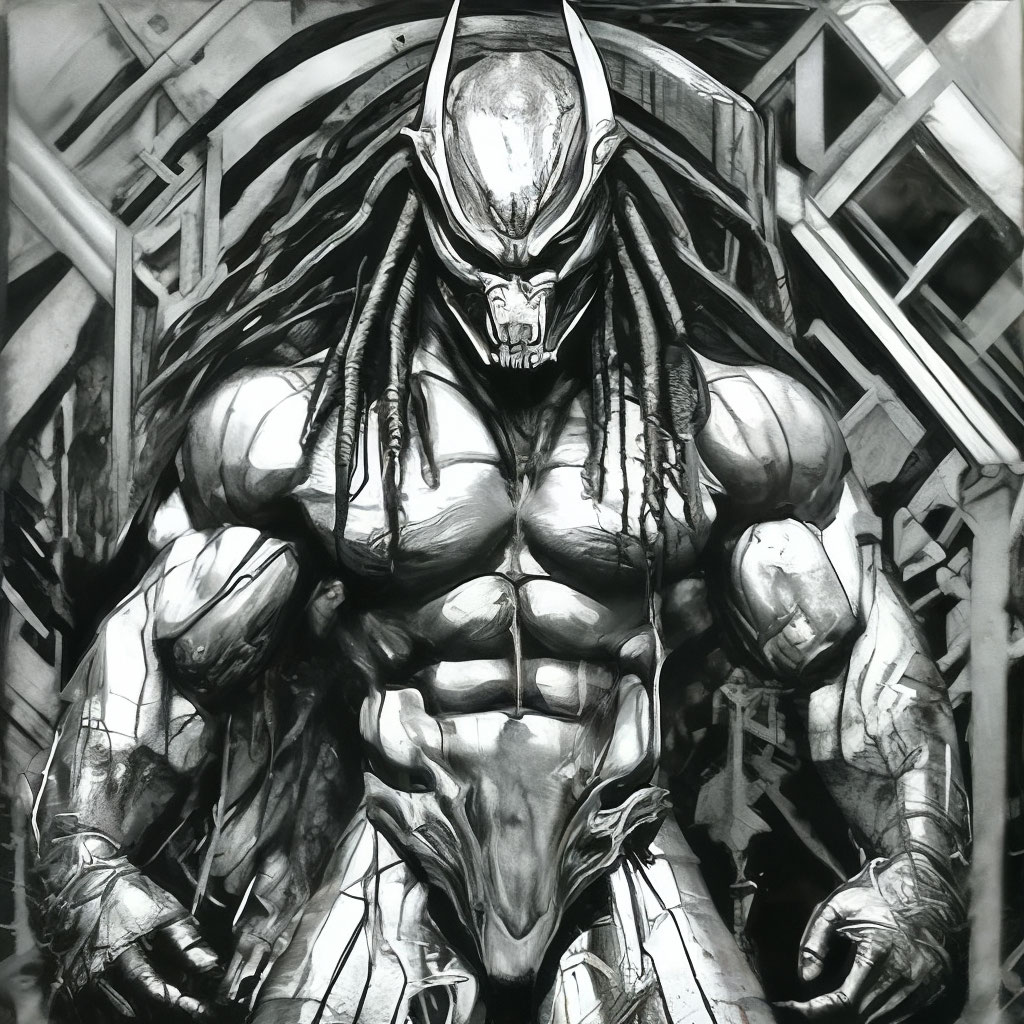 "Predator bodybuilder black and white bronze drawing" — image created ...
