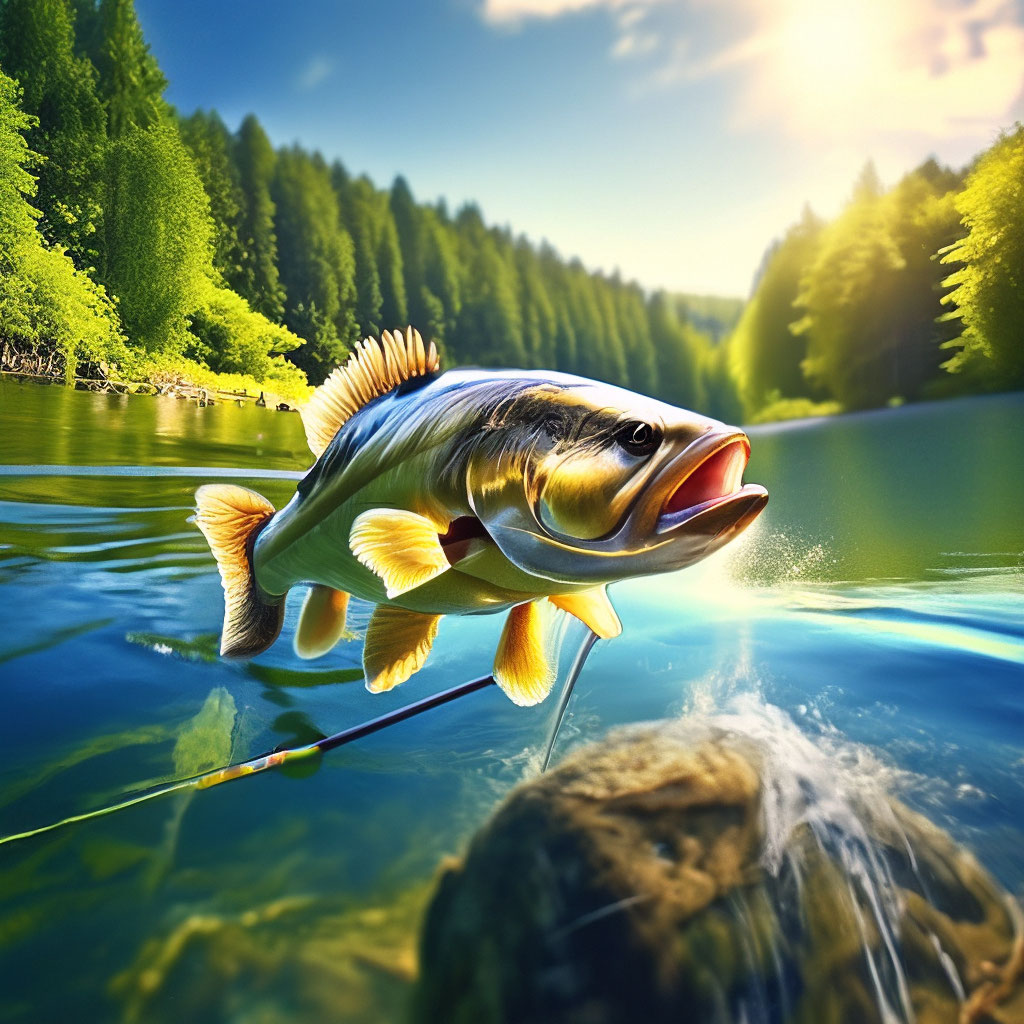 "Fishing,big fish caught on a fishing rod,river,forest,sunny,clear ...