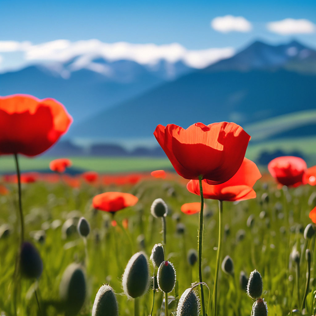 "Poppy field in green grass, alpine mountains in the background, clear ...