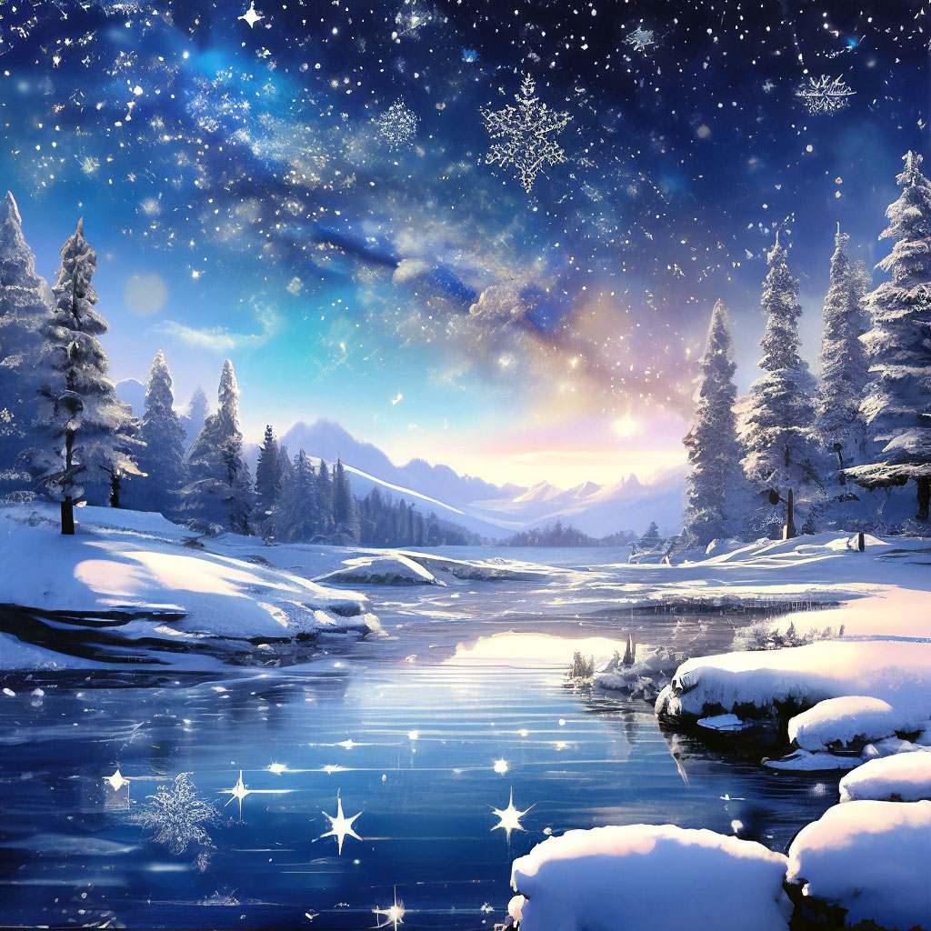 "Winter magic, fine drawing, beautiful landscape, water, snowflakes ...