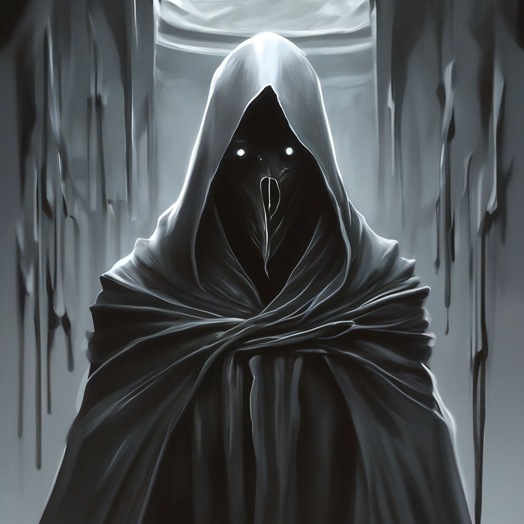 "A humanoid creature, in a silver smooth mask without a mouth and nose ...