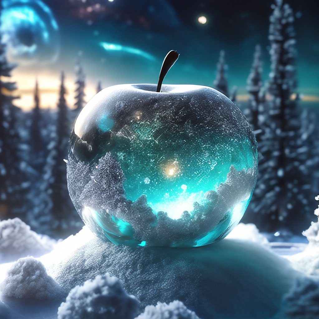 "An epic crystal apple with a glowing galaxy inside, planets ...