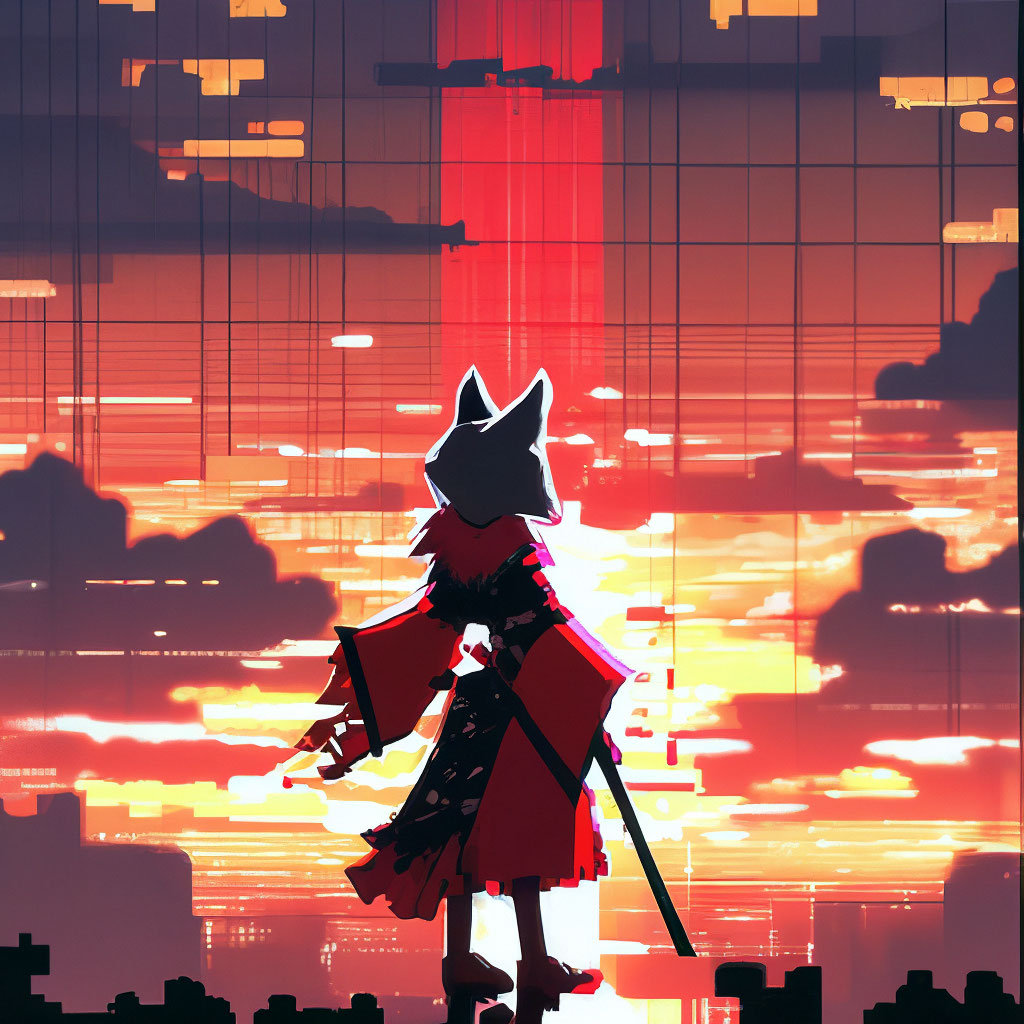 "Red and black kitsune, pixel art, anime" — image created in Shedevrum