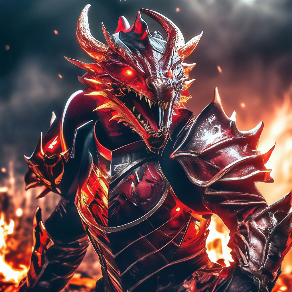 "Hyper realistic fire-breathing scarlet dragon, in a dark helmet and ...