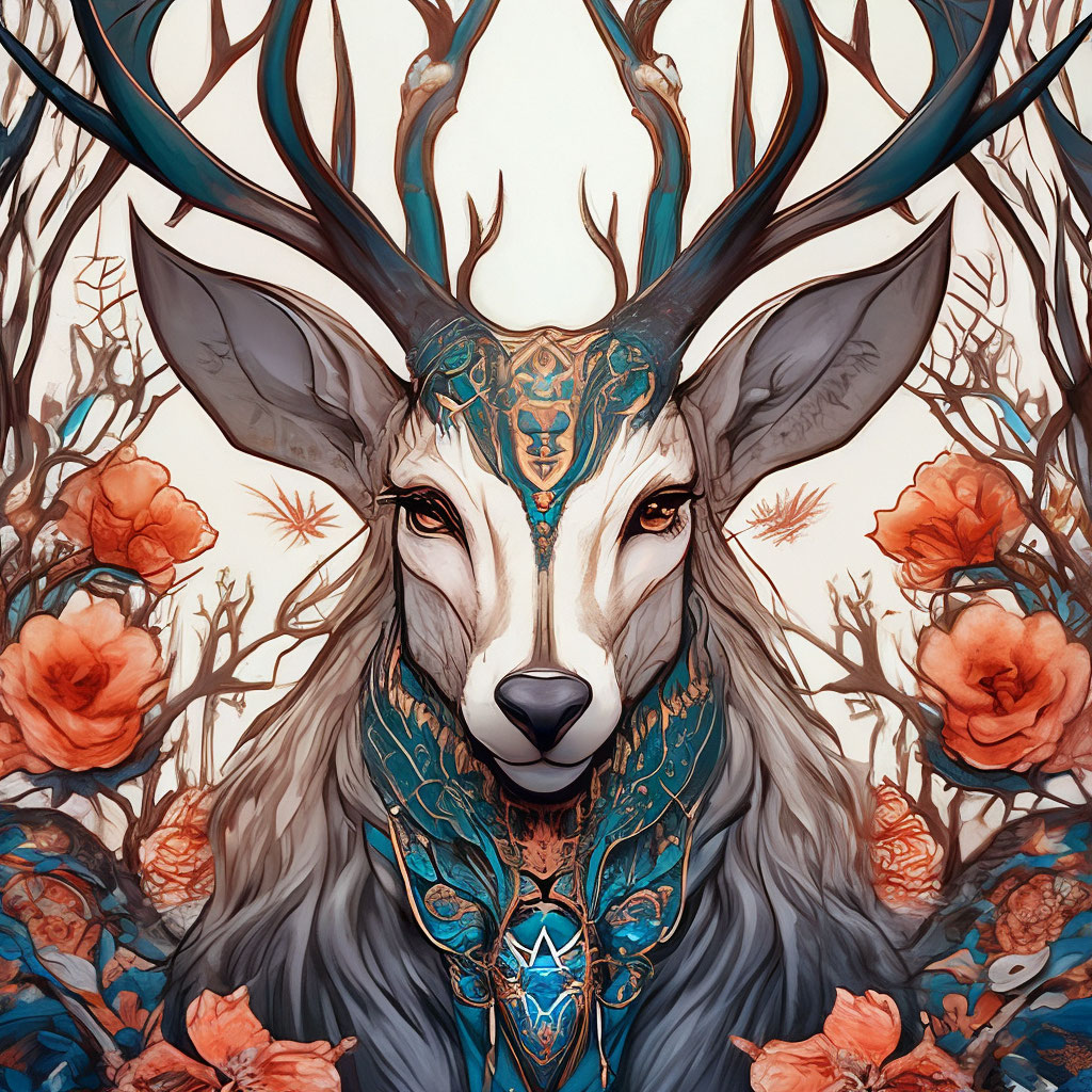 "Mythical animal deer with big beautiful horns guardian of the forest ...