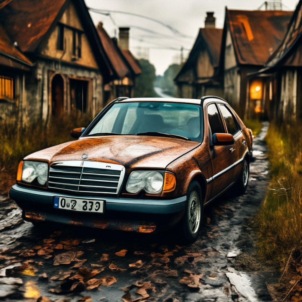 "Rusty Mercedes C Class rides through the village" — image created in ...