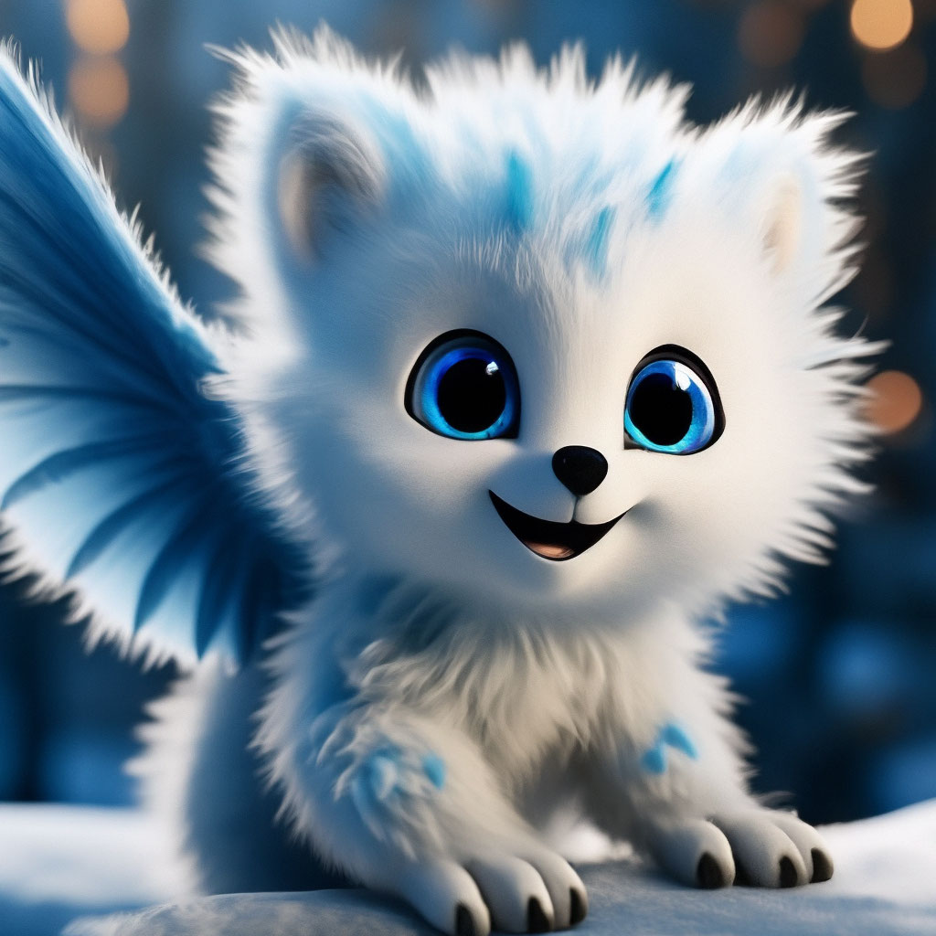 "Cute smiling fluffy with icy wings (detail) and sharp claws. blue and ...