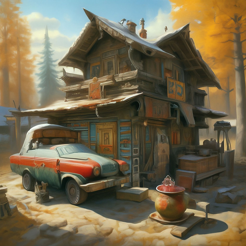 "Baba yaga 's ancient old Russian garage" — image created in Shedevrum