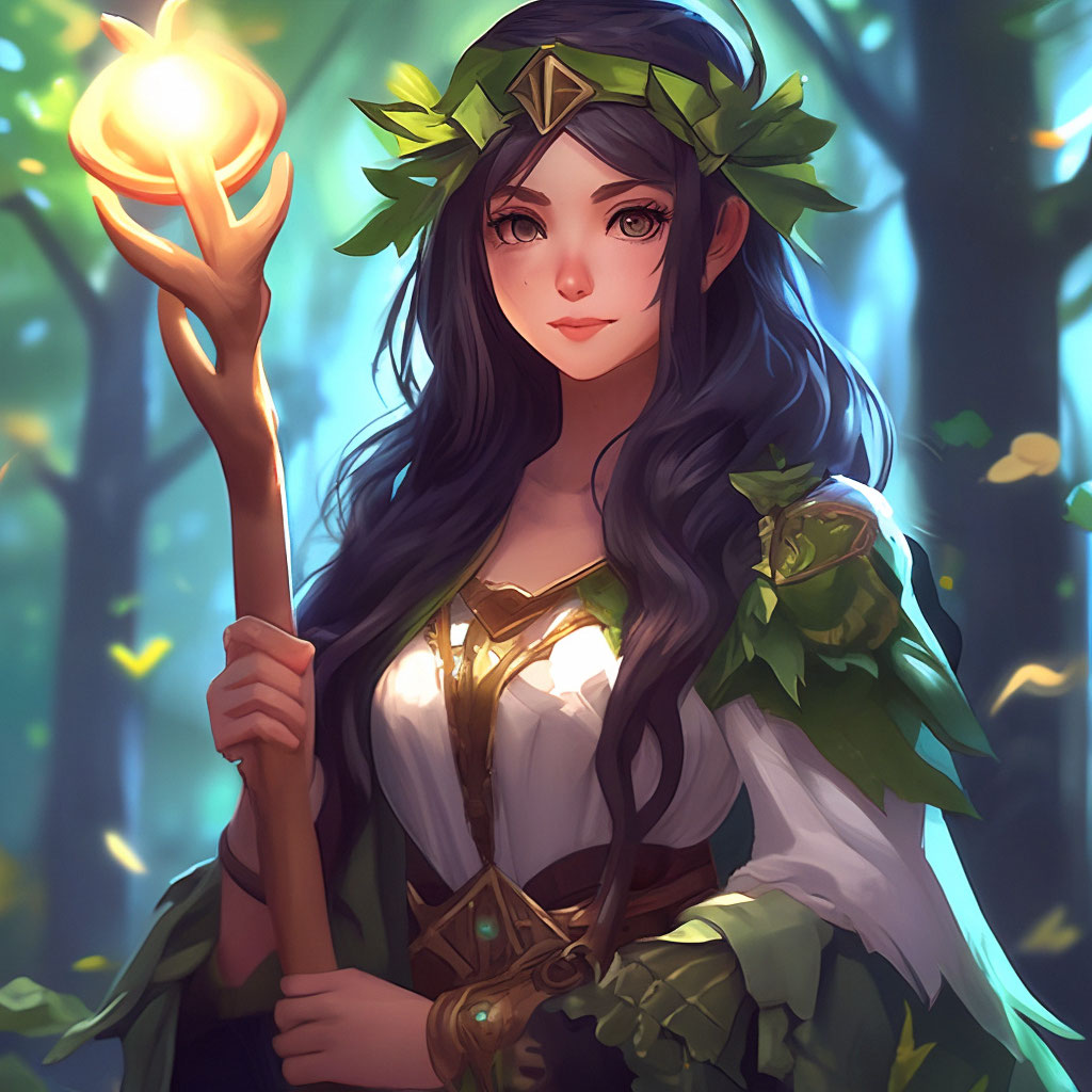 "Cute druid girl, dark hair, foliage clothing, wooden elements, high ...