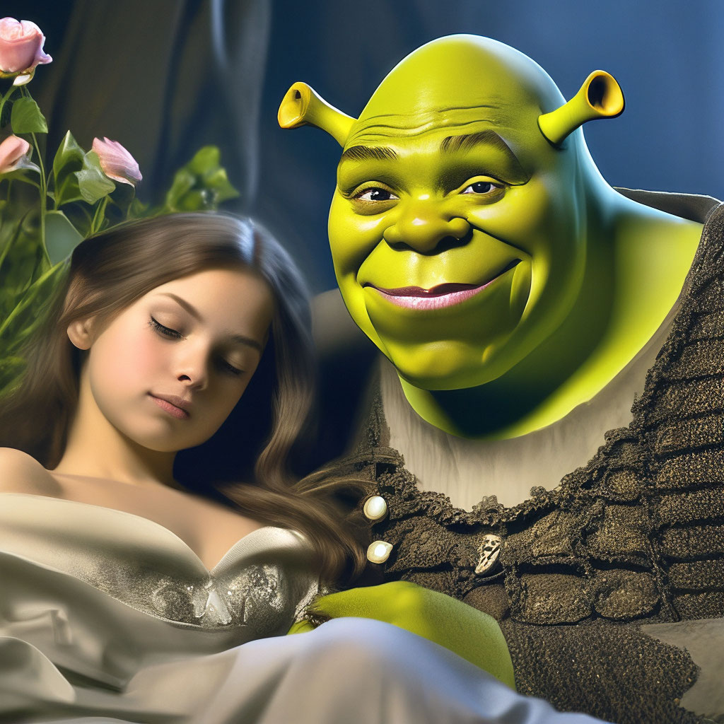 "Shrek with a beautiful girl lies in kravati and gives her flowers ...