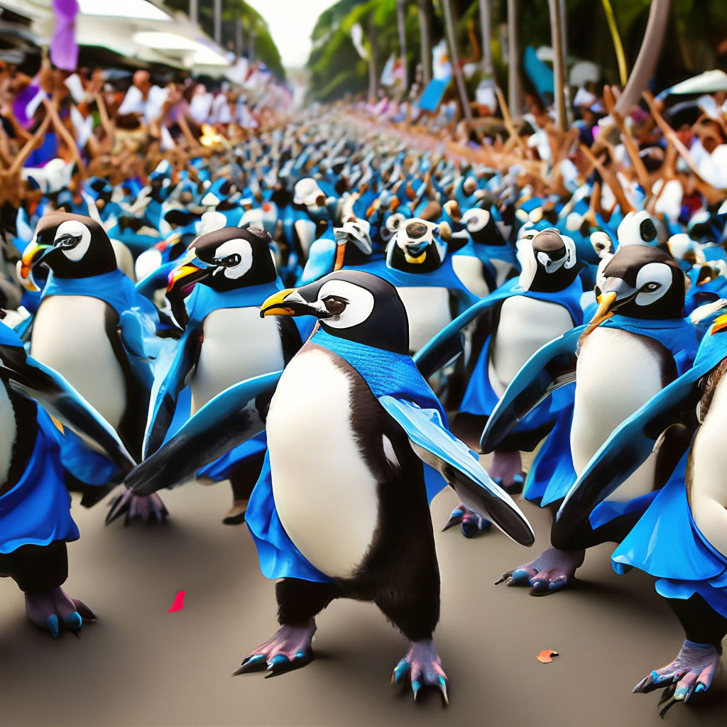 "Carnival of dancing penguins in Rio de Janeiro" — image created in ...