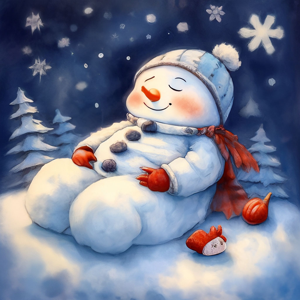 "A little snowman sleeps, illustration for a fairy tale, in the style ...