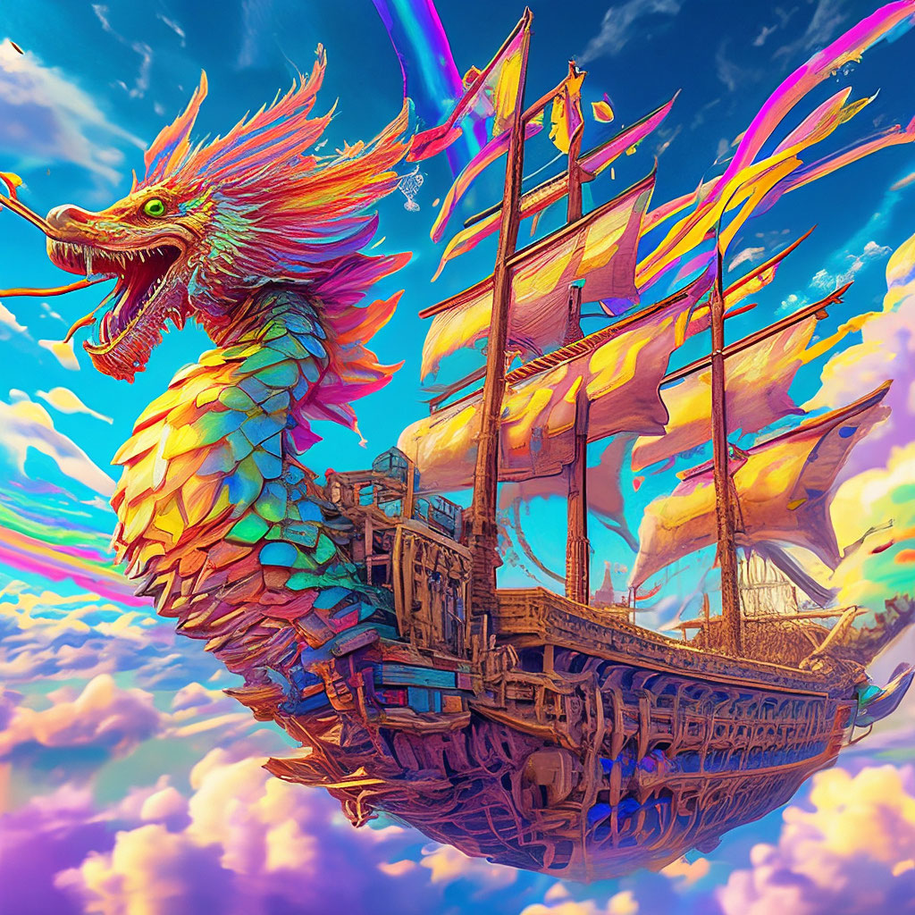 "Flying ship with wings and scales dragon in the sky clouds rainbow ...