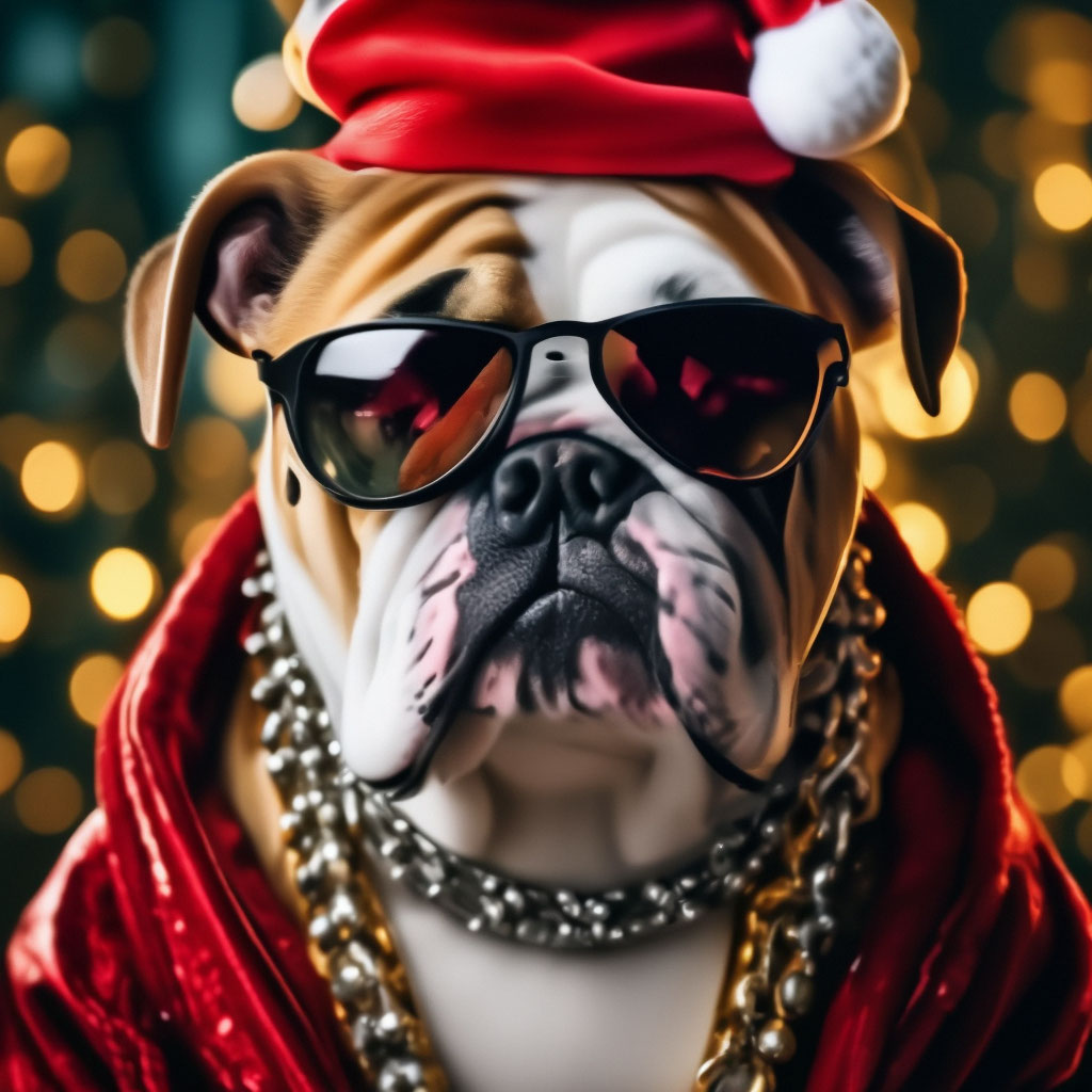 "Bulldog rapper in Santa Claus hat, black glasses, gold and silver ...