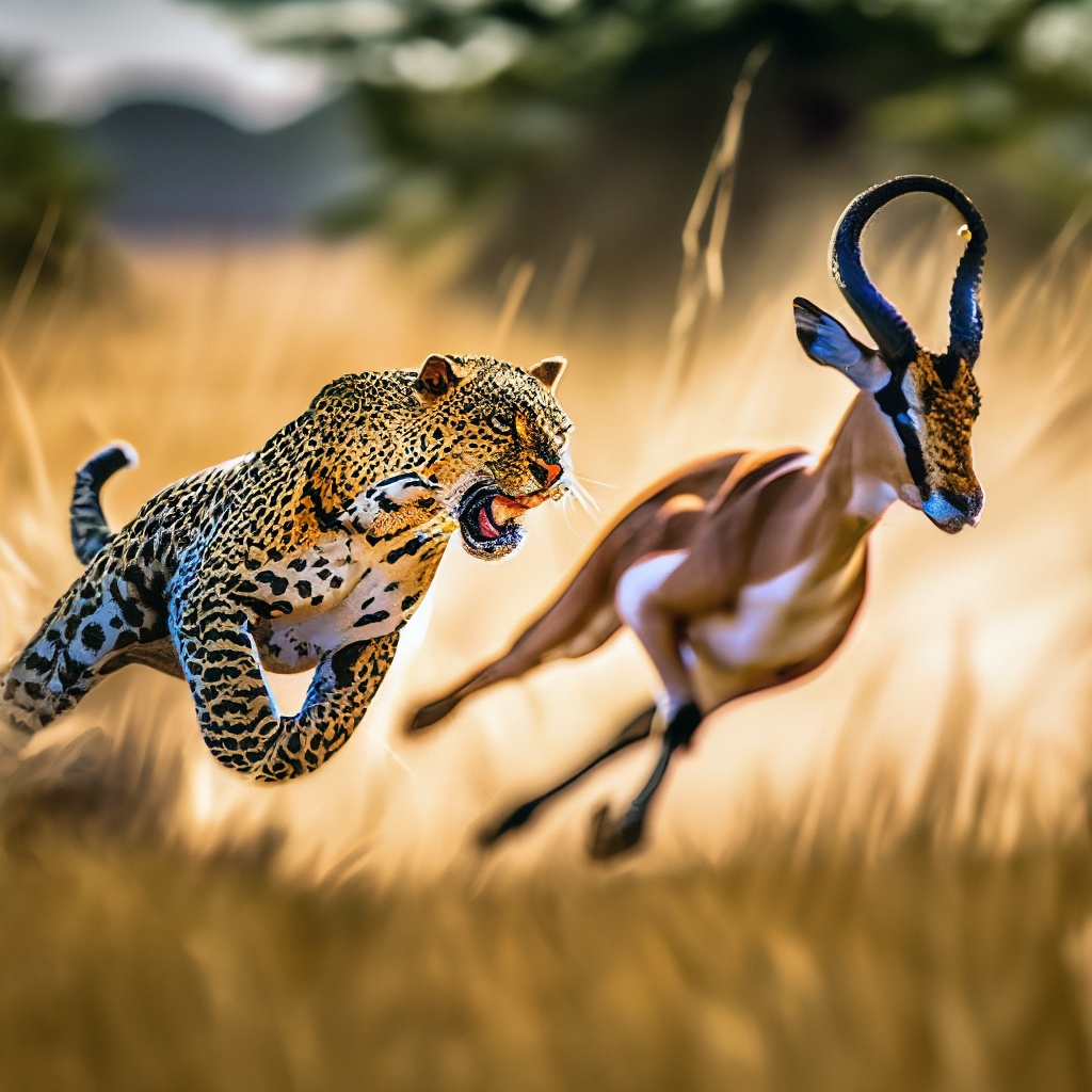 "Savannah, antelope runs among the tall grass, leopard chases antelope ...