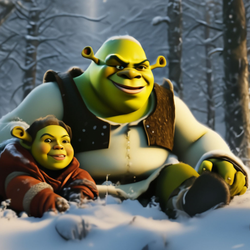 "Shrek is lying in deep snowdrifts,with him little ogre, Shrek's ...