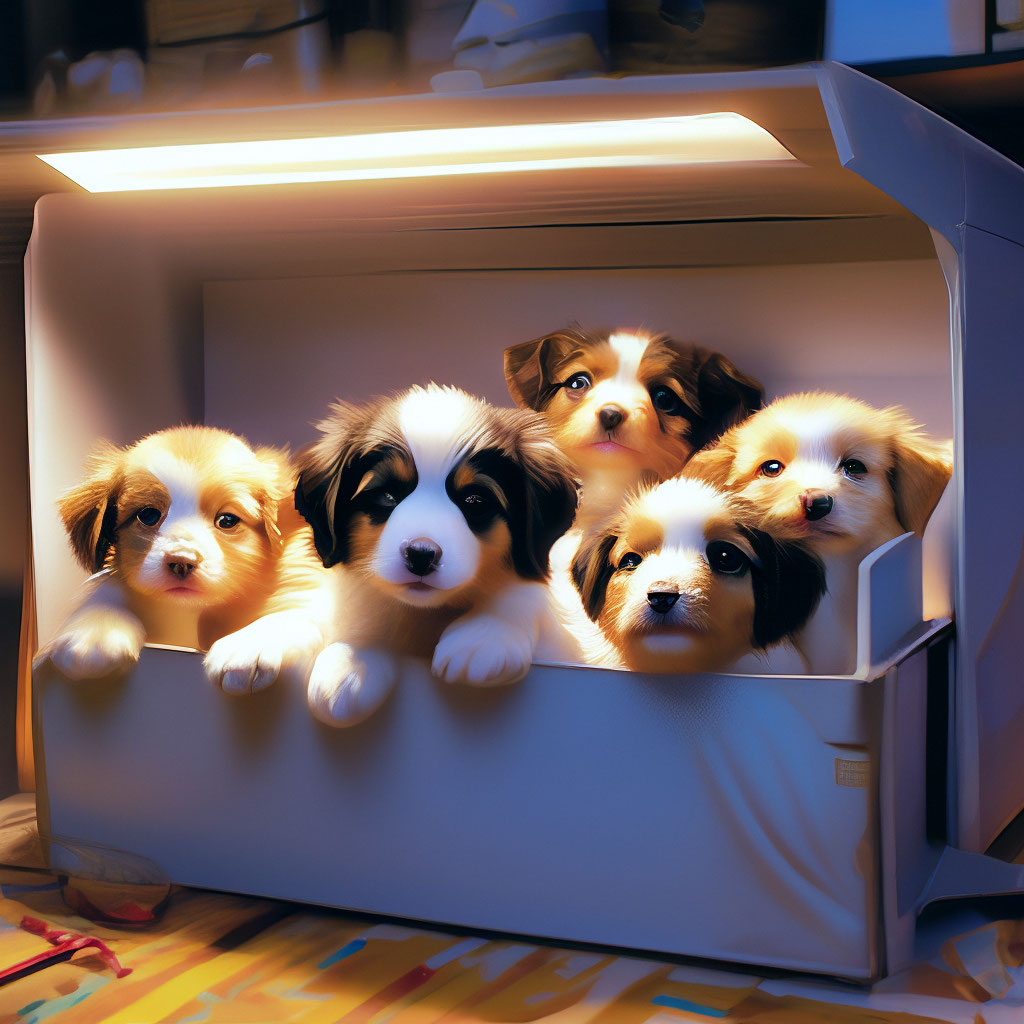 "Puppies in a box" — image created in Shedevrum