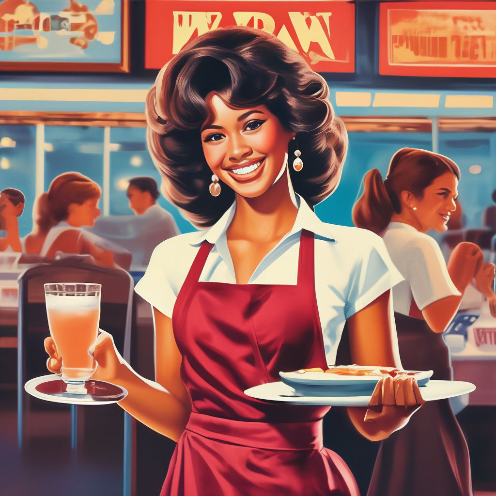 "A retro poster, a waitress girl, a tray and drinks in her hands, a ...