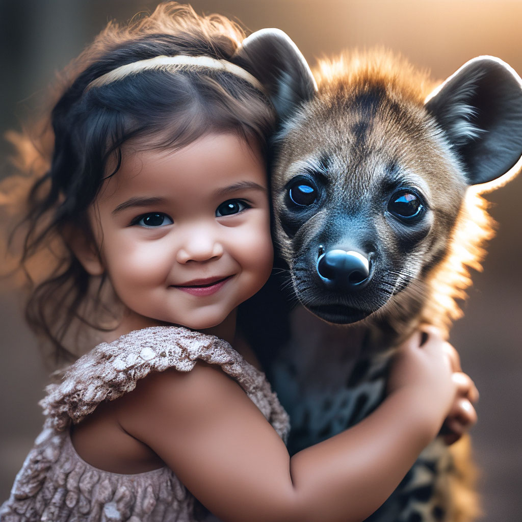 "Cute black-haired girl, two-year-old child hugs a hyena, gently ...
