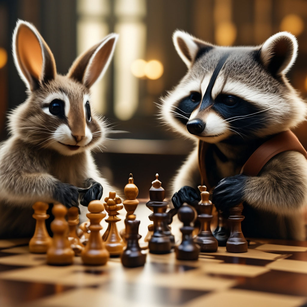 "Rabbit and raccoon playing chess, excitement, emotions, colorful, 128k ...