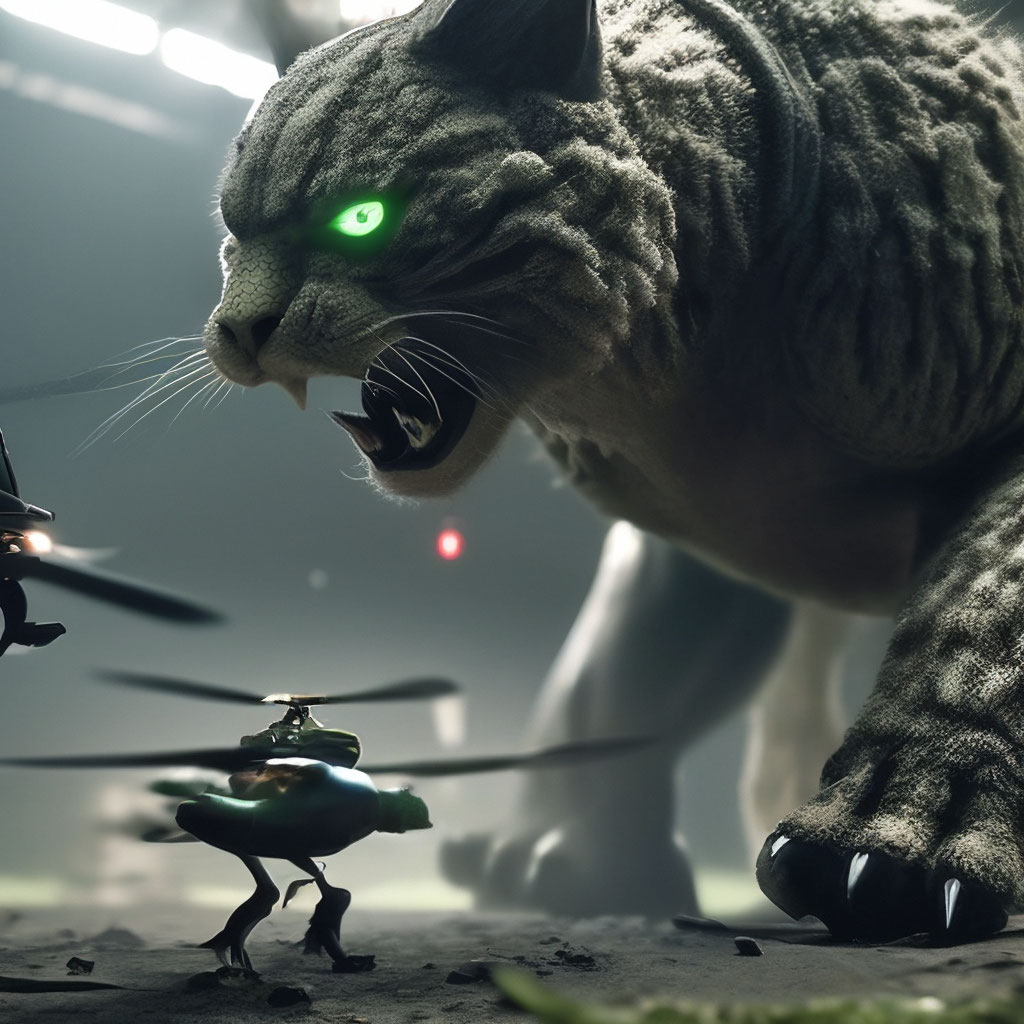 "Anthropomorphic alien giant Cat hunts with a small helicopter and ...