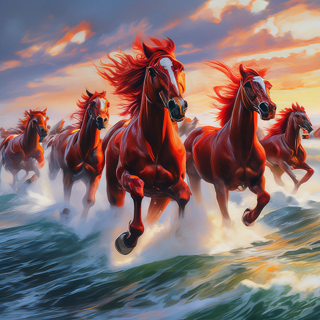 "A herd of red horses galloping along the sea" — image created in Shedevrum