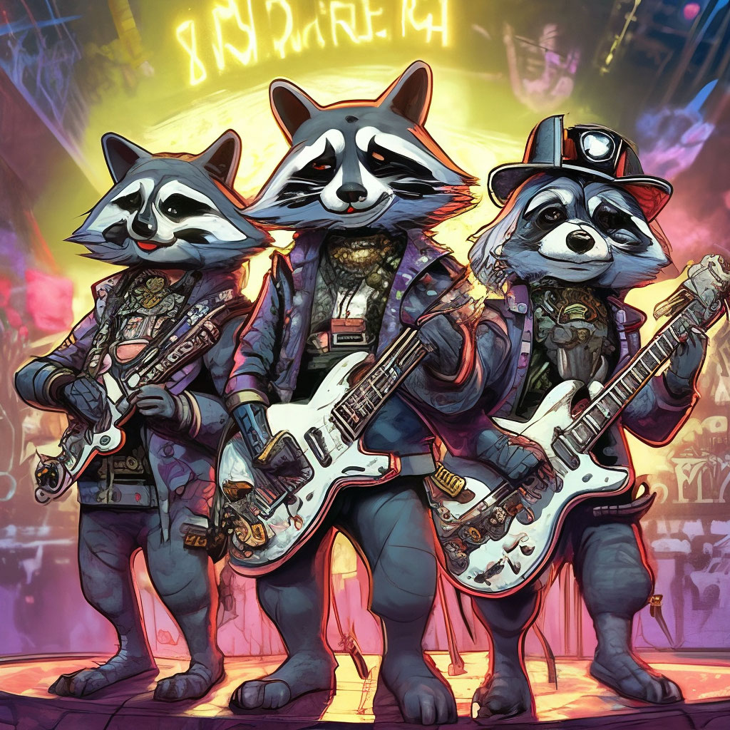 "Three anthropomorphic creep raccoons with snide snouts punk band at a ...