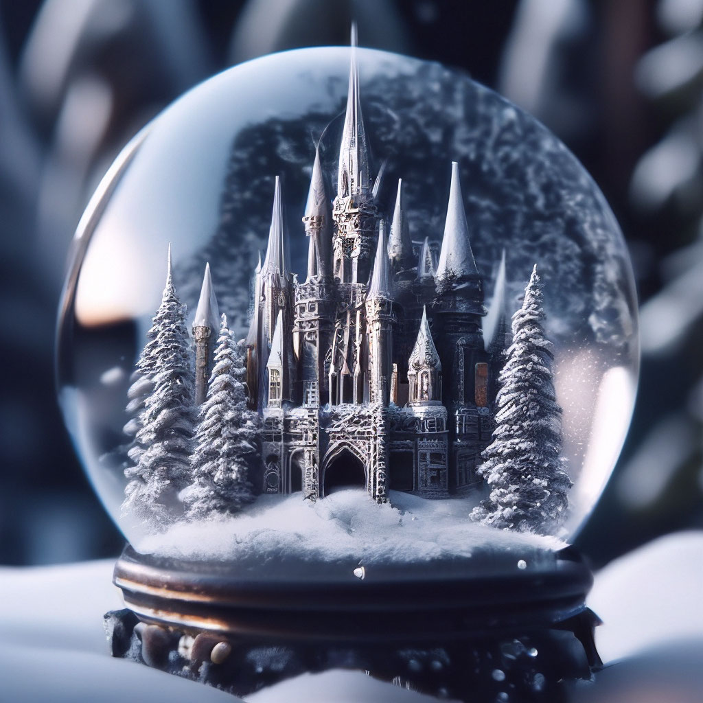 "Snow-covered gothic castle with flying snow flakes inside a glass ball ...