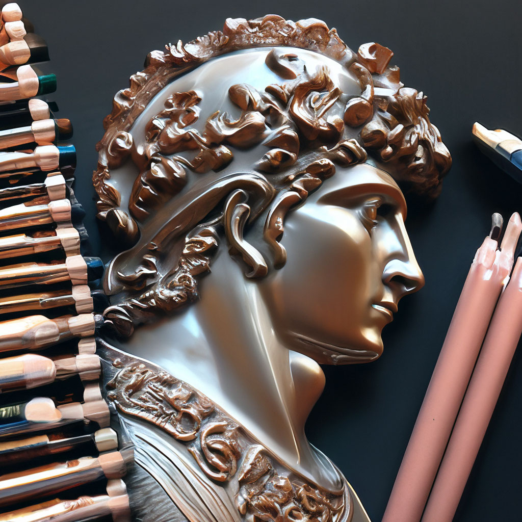 "Drawing with a black helium pen, copper, embossing on dishes, profile ...