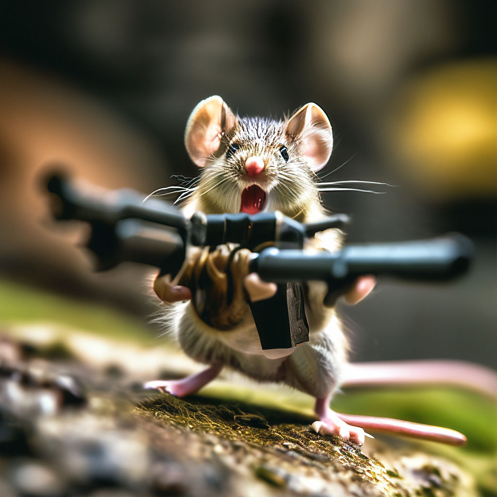 "A mad mouse, armed and dangerous, irony" — image created in Shedevrum