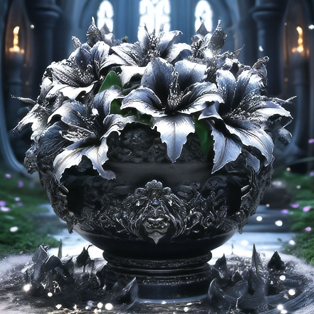 "3d, powerful color,black huge gothic pot, lush thick lilies of black ...