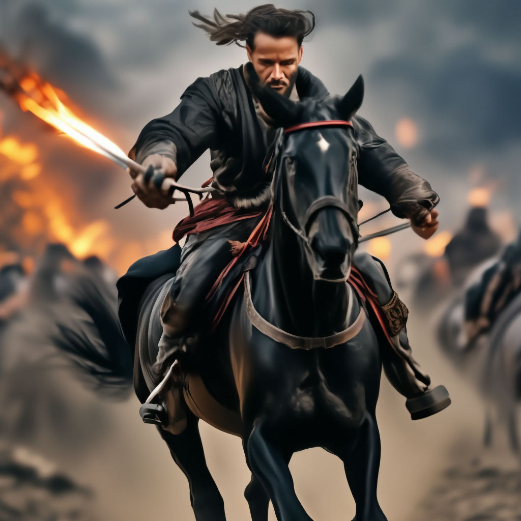 "A dashing Cossack is racing on a black horse, waving a saber ...