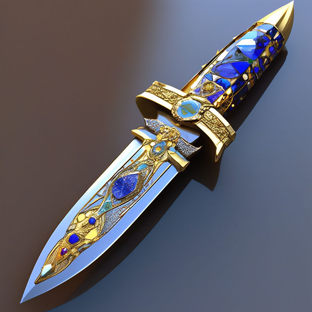 "3D, dagger, artistically made, Damascus steel, inlaid with stones ...